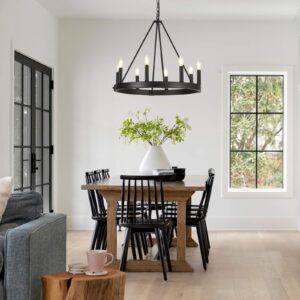 8-Light Farmhouse Wagon Wheel Chandelier, D24" Black Round Chandeliers for Dining Room, Modern Industrial Kitchen Island Pendant Light Fixtures for Foyer Living Room Entryway Bedroom, E12 Socket