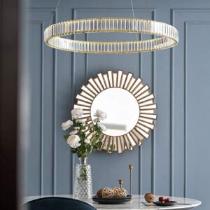 yomay Modern Crystal Chandelier Dimmable Gold Ring Pendant Light with Remote 24" Round Crystal Chandeliers for Living Room Dining Room Bedroom