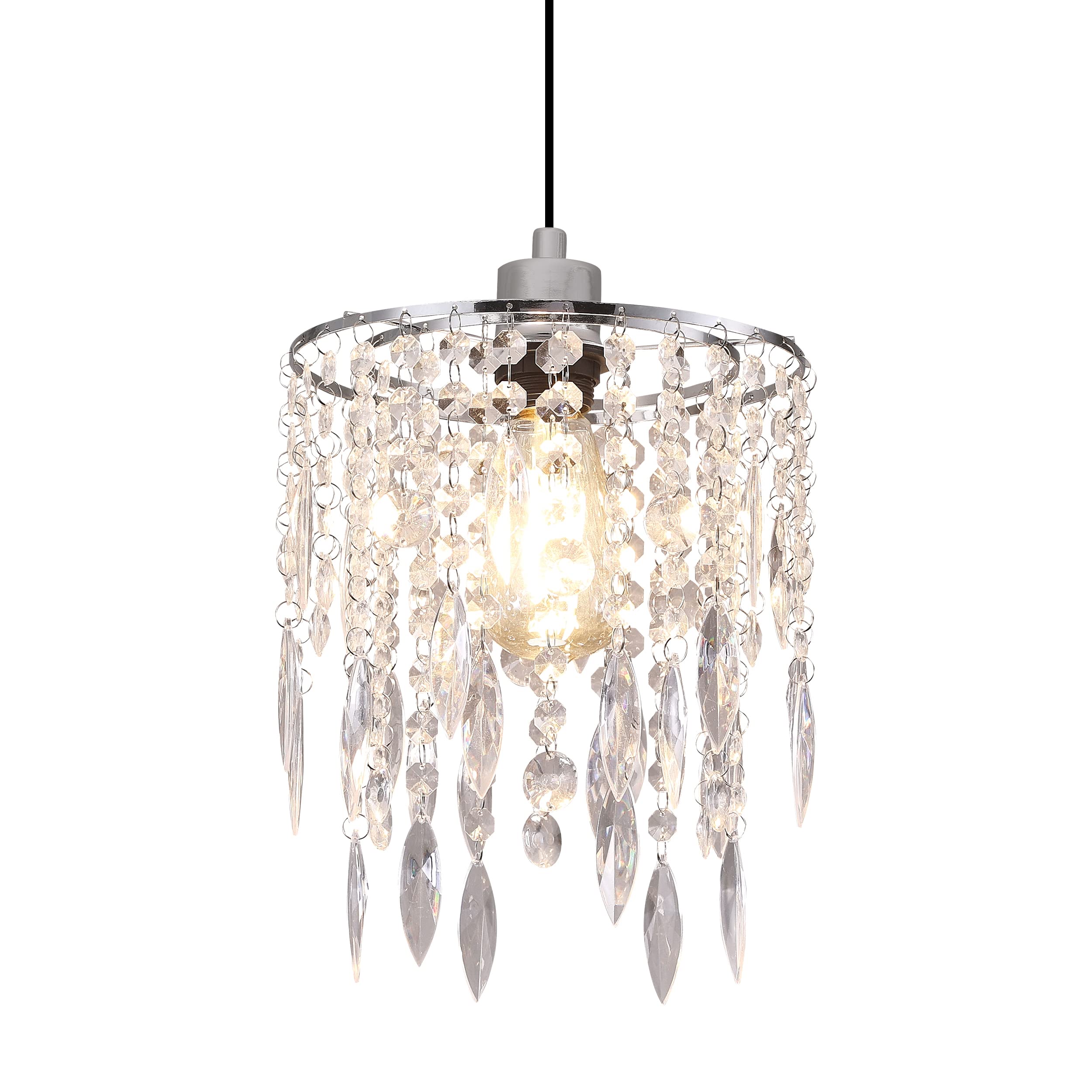 Hi-ERA Acrylic Chandelier Shade, Modern Chrome Beaded Hanging Chandelier, 2 Tiers Beads Pendant Shade, Ceiling Chandelier Lampshade with Acrylic Jewel Droplets, Beaded Lampshade