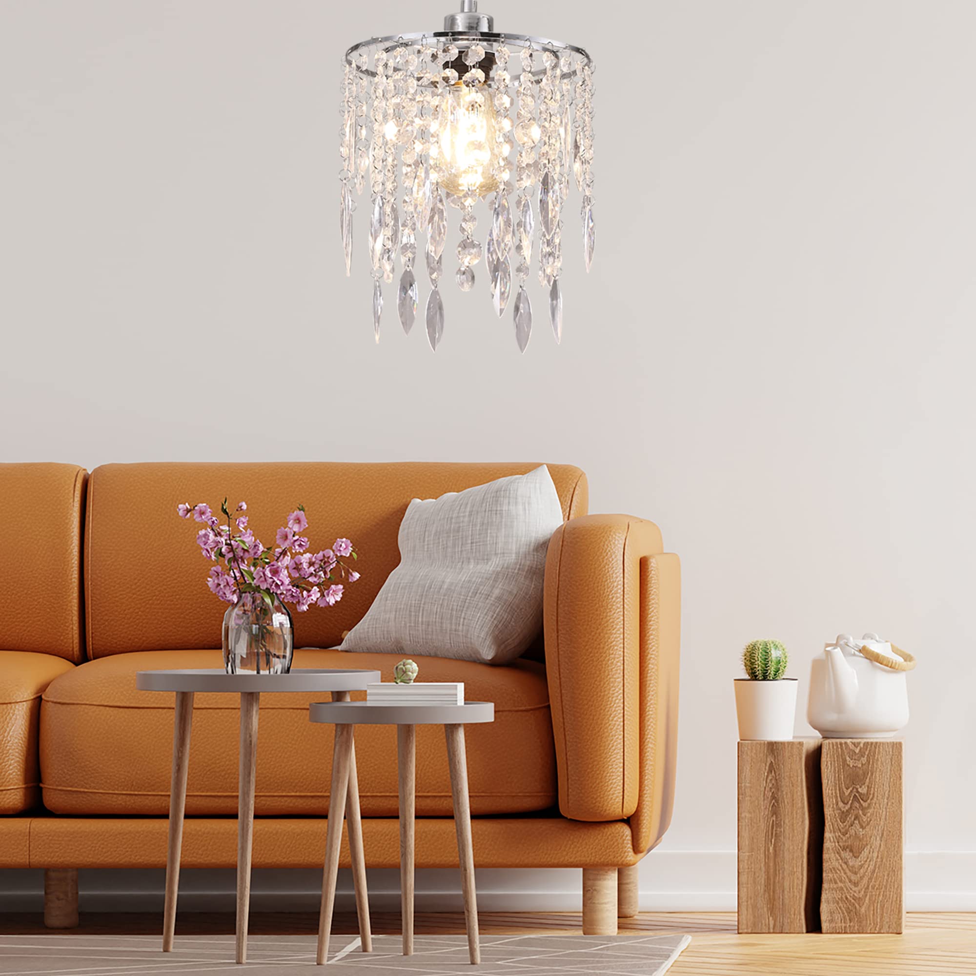 Hi-ERA Acrylic Chandelier Shade, Modern Chrome Beaded Hanging Chandelier, 2 Tiers Beads Pendant Shade, Ceiling Chandelier Lampshade with Acrylic Jewel Droplets, Beaded Lampshade