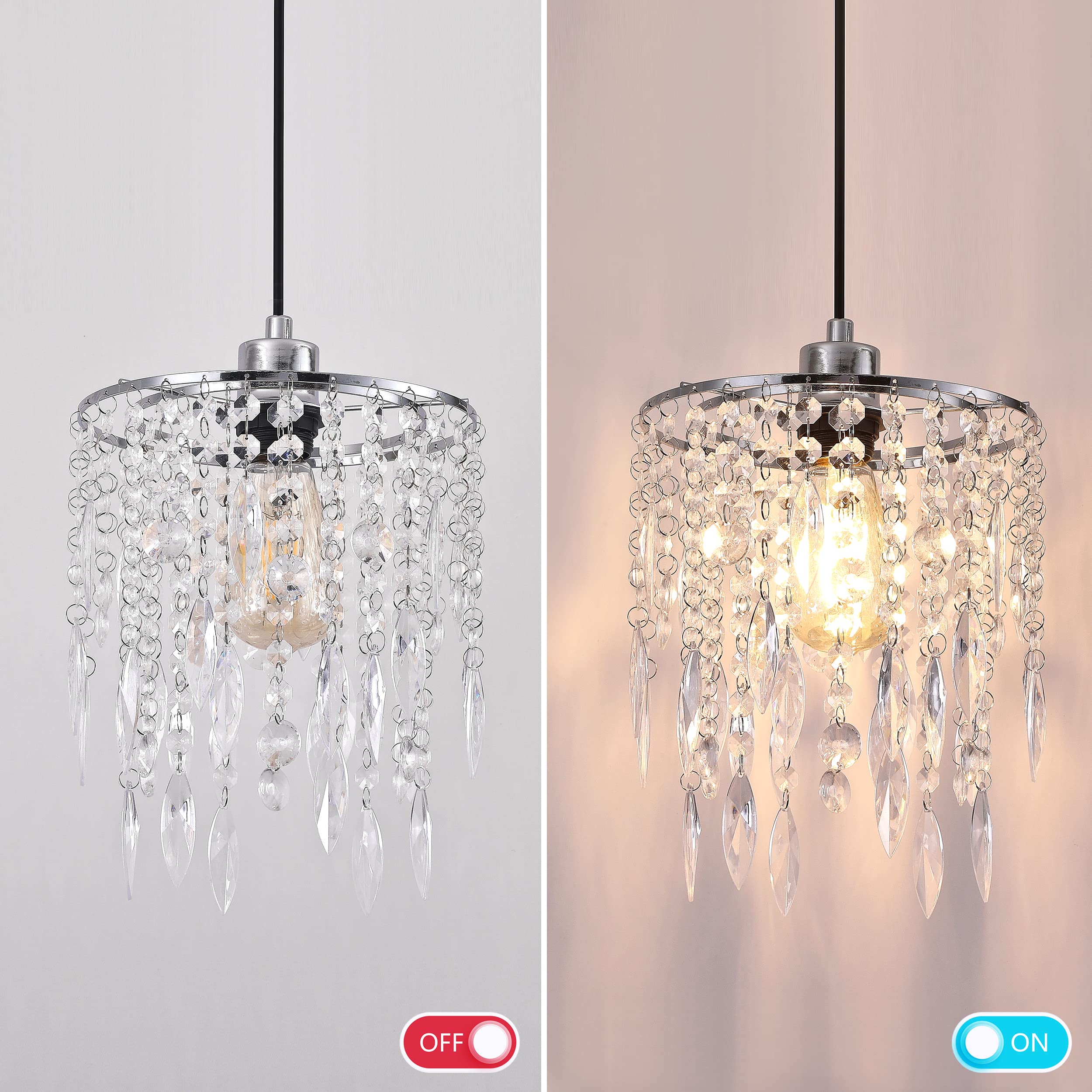 Hi-ERA Acrylic Chandelier Shade, Modern Chrome Beaded Hanging Chandelier, 2 Tiers Beads Pendant Shade, Ceiling Chandelier Lampshade with Acrylic Jewel Droplets, Beaded Lampshade