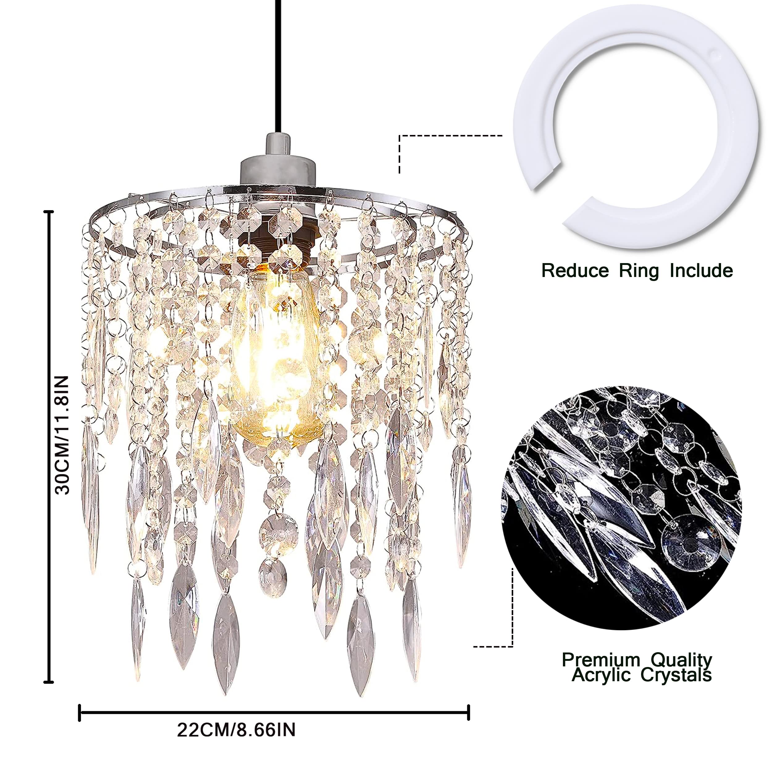 Hi-ERA Acrylic Chandelier Shade, Modern Chrome Beaded Hanging Chandelier, 2 Tiers Beads Pendant Shade, Ceiling Chandelier Lampshade with Acrylic Jewel Droplets, Beaded Lampshade