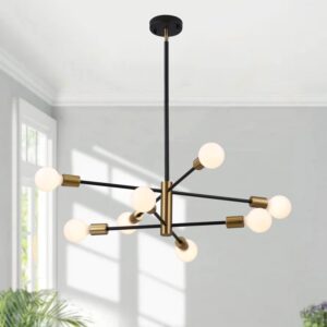 ammacx modern sputnik chandelier, black and gold ceiling light fixture, mid century globe ceiling chandelier for living room dining room bedroom kitchen, height adjustable (8-light)