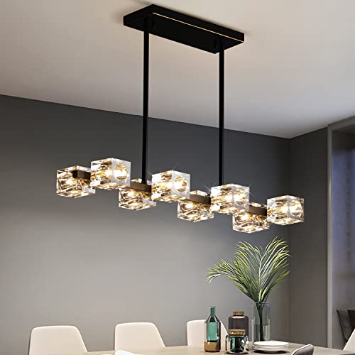 OKES Black Chandelier,Crystal Pendant Lights Fixture with 8-Lights,Modern Cube lamp Shade Hanging Ceiling Light for Dining Room,Kitchen Island,Bedroom,Living Room