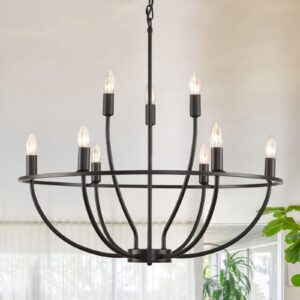 black chandeliers for dining room: 9-light farmhouse dining room light fixture, rustic industrial kitchen island lighting, round chandelier light fixture, for living room, bedroom, foyer, entryway