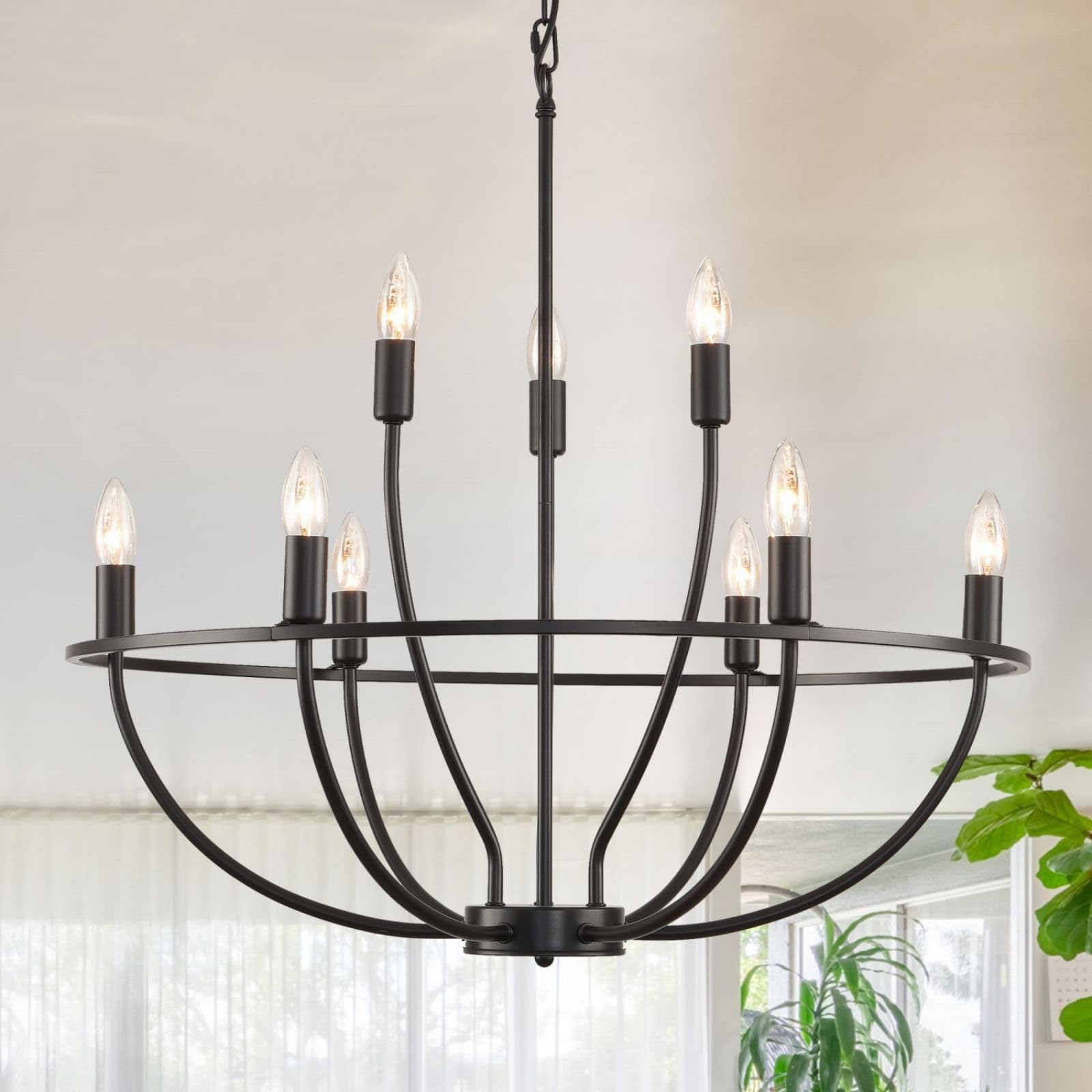 Black Chandeliers for Dining Room: 9-Light Farmhouse Dining Room Light Fixture, Rustic Industrial Kitchen Island Lighting, Round Chandelier Light Fixture, for Living Room, Bedroom, Foyer, Entryway