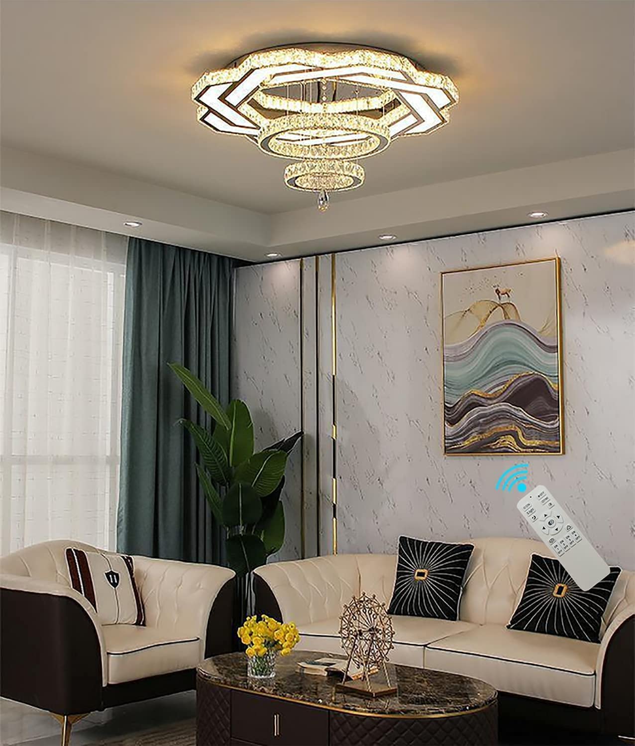 W24 Modern Crystal Chandeliers 3 Rings Pendant Light Fixtures Elegant Pendant Chandelier Flush Mount for Bedroom Living Room Dining Room Hallway Large Ceiling LED Dimmable 2700K-4500K-6000K