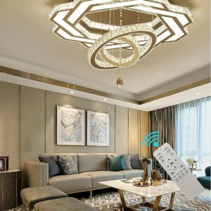 W24 Modern Crystal Chandeliers 3 Rings Pendant Light Fixtures Elegant Pendant Chandelier Flush Mount for Bedroom Living Room Dining Room Hallway Large Ceiling LED Dimmable 2700K-4500K-6000K