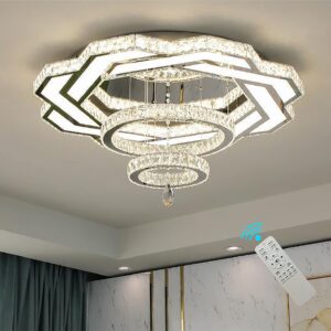 W24 Modern Crystal Chandeliers 3 Rings Pendant Light Fixtures Elegant Pendant Chandelier Flush Mount for Bedroom Living Room Dining Room Hallway Large Ceiling LED Dimmable 2700K-4500K-6000K