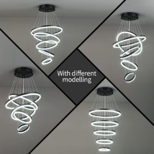 zhllmq Modern LED Chandelier Lighting 5 Rings Black Chandelier Contemporary Ceiling Pendant Light Fixture for Staircase Foyer High Ceiling Living Room 6000K Cool White