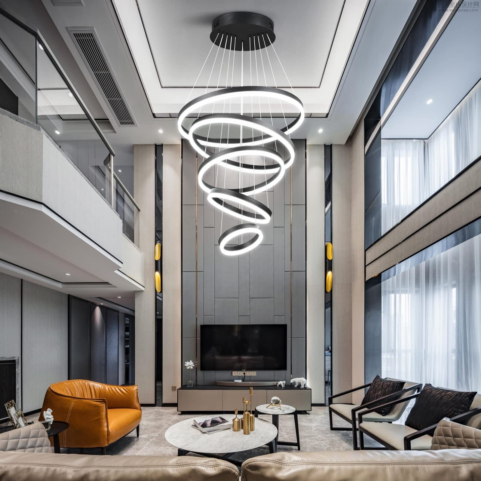 zhllmq Modern LED Chandelier Lighting 5 Rings Black Chandelier Contemporary Ceiling Pendant Light Fixture for Staircase Foyer High Ceiling Living Room 6000K Cool White