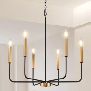 zuyurt modern black and gold chandelier for dining room, 6-light metal farmhouse dining room light fixtures hanging over table, e12 candle lighting for kitchen, living room, foyer, entry, staircase