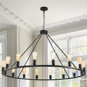 tefiohen 48" 16-light large wagon wheel chandelier, farmhouse chandelier, heights adjustable rustic vintage round pendant light fixtures for kitchen island dining living room foyer entryway, black