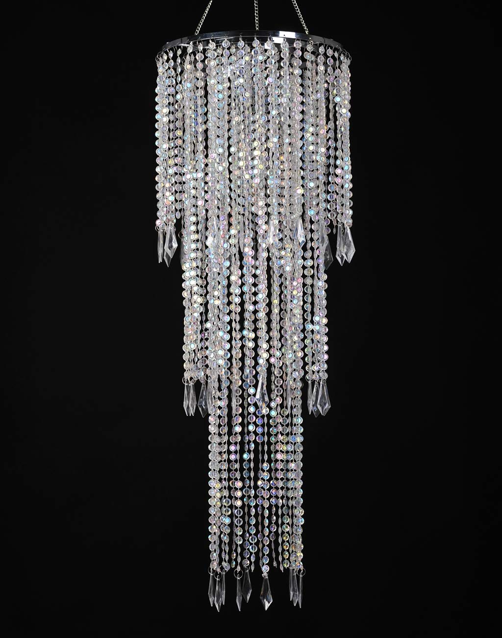 FlavorThings Sparkling Iridescent Acrylic Beaded Hanging Chandelier (W10.25"H30”)，3 Tiers Beads Pendant Shade, Ceiling Chandelier Lampshade with Acrylic Jewel Droplets, Beaded Lampshade