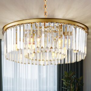 laiuetai gold modern crystal chandelier, 2-tier round flush mount ceiling light fixtures height adjustable pendant lighting for dining room living room bedroom kitchen hotel foyer