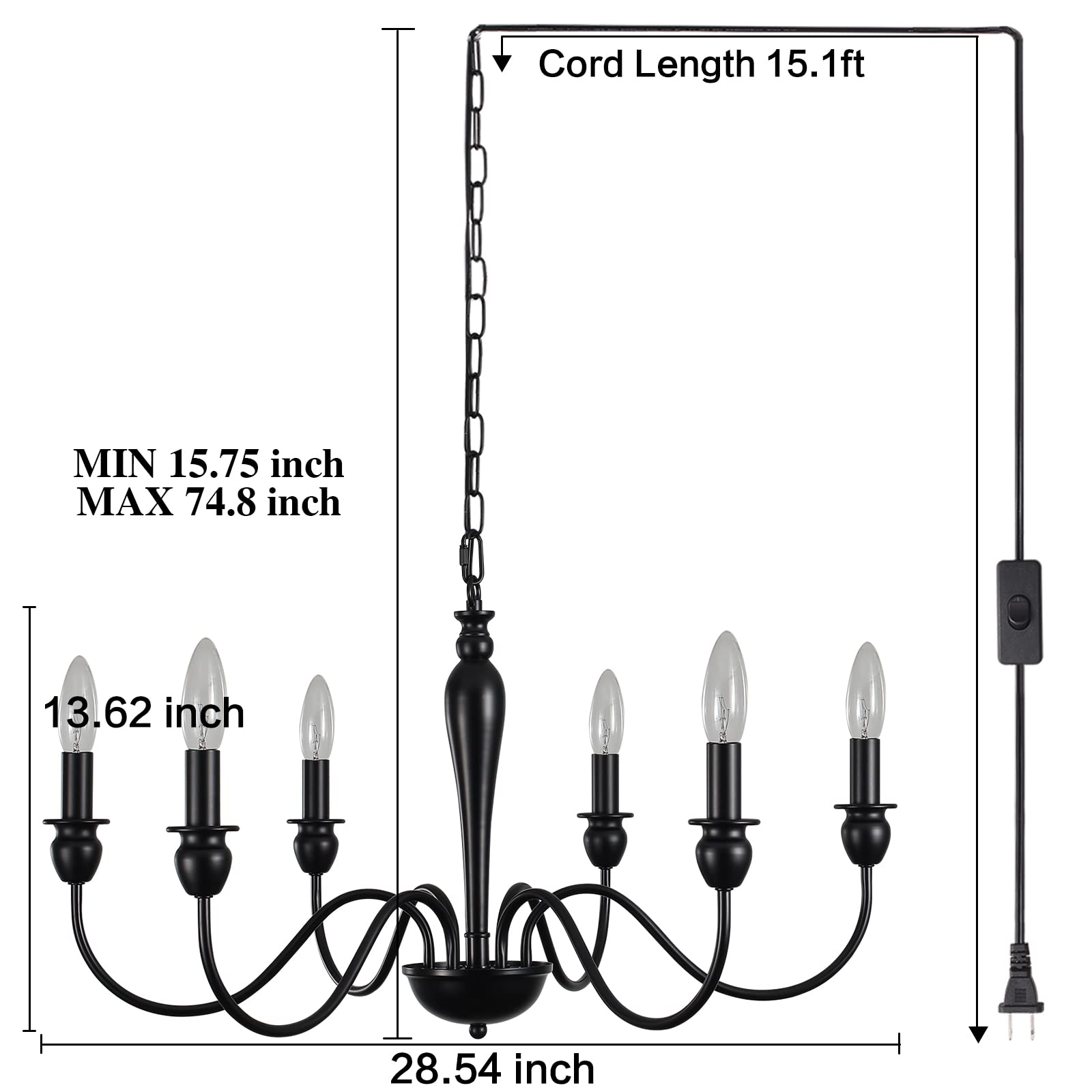 ETONIMERR Plug in Chandelier Lighting with Cord Black Farmhouse Chandelier for Dining Room Light Fixture Plug in Pendant Light for Kitchen Island Outdoor Chandelier for Gazebo Porch