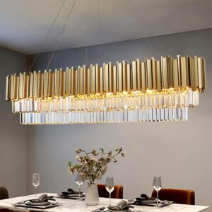 lizztree gold linear crystal chandeliers - l59 inch modern pendant ceiling lights, oval chandelier lighting fixture for kitchen island, dining room