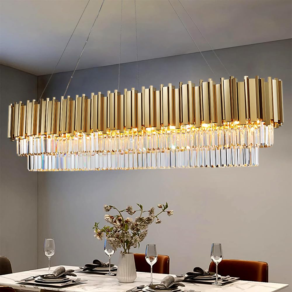 LIZZTREE Gold Linear Crystal Chandeliers - L59 Inch Modern Pendant Ceiling Lights, Oval Chandelier Lighting Fixture for Kitchen Island, Dining Room