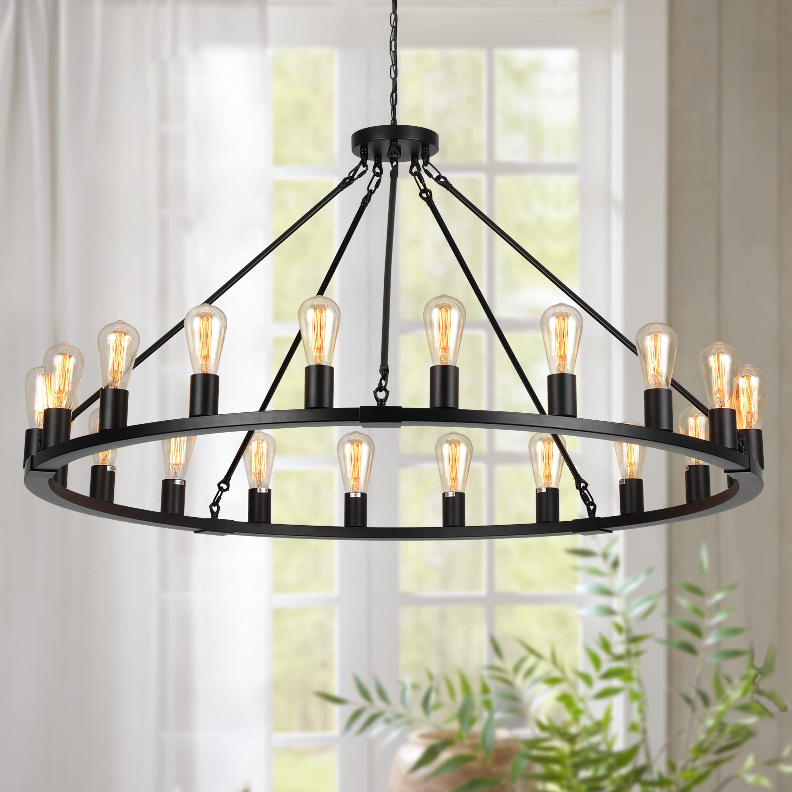 Senyshilon Wagon Wheel Chandelier, Black Farmhouse Chandelier for Dining Room Light Fixture, 20-Light 48 Inch Extra Large Chandelier for High Ceilings Living Room Kitchen Island Foyer Villa