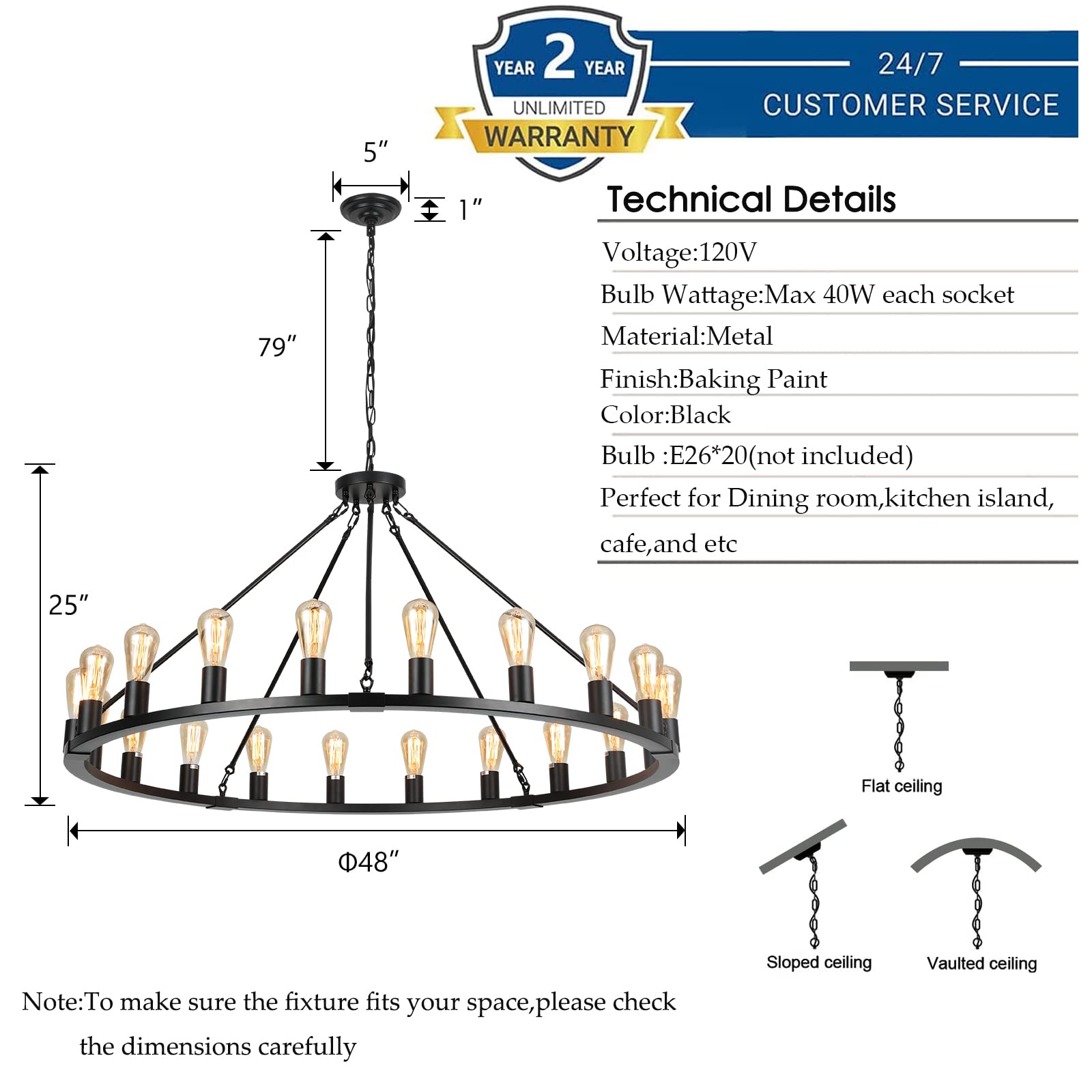 Senyshilon Wagon Wheel Chandelier, Black Farmhouse Chandelier for Dining Room Light Fixture, 20-Light 48 Inch Extra Large Chandelier for High Ceilings Living Room Kitchen Island Foyer Villa