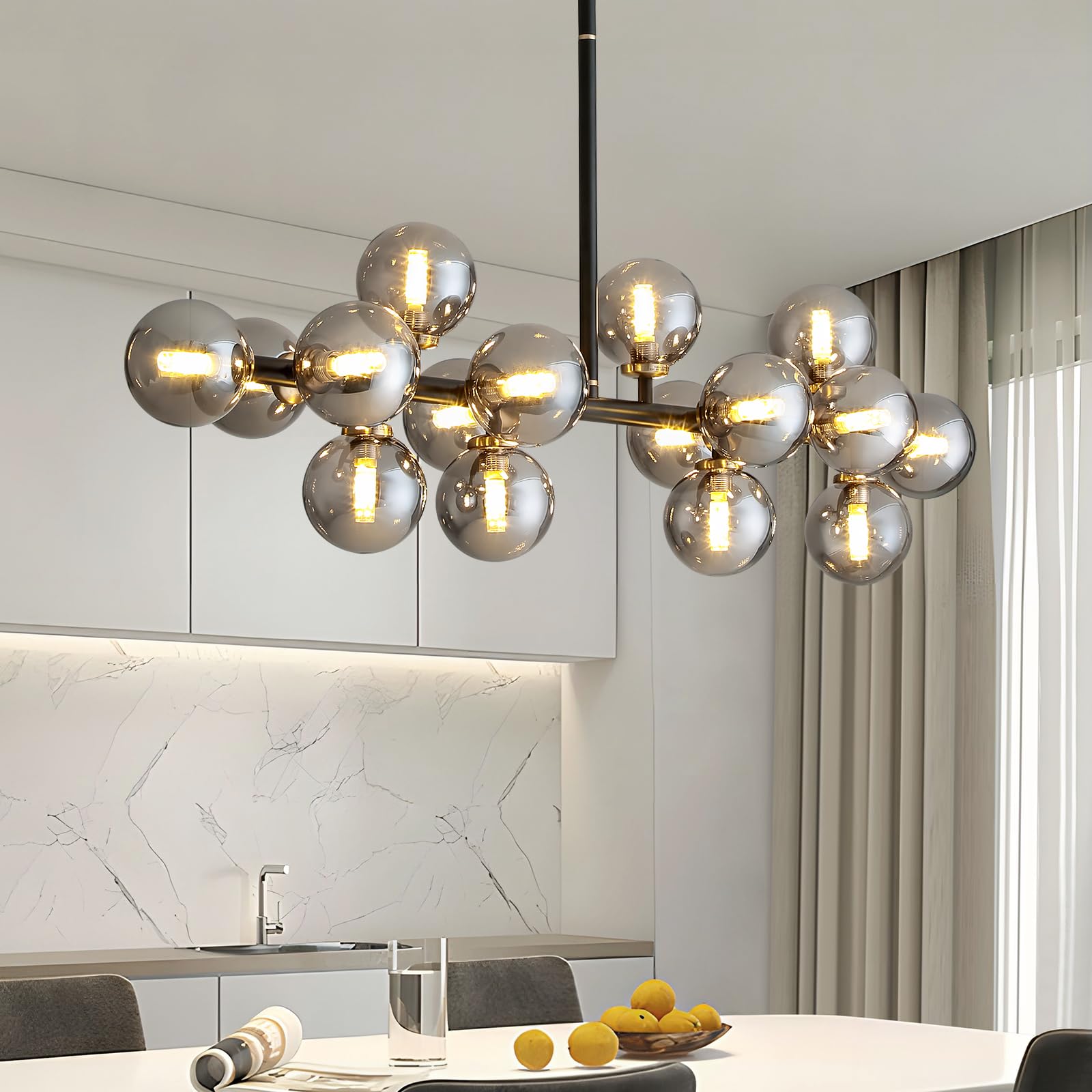 CROSSIO 16 Lights Mid Century Modern Chandelier Black Linear Chandelier Light Fixture Glass Globe Sputnik Pendant Light for Dining Room Kitchen Farmhouse (Smoke Gray Lampshade)