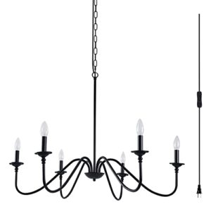 hoxiya pre-assembled plug in chandelier, 34.6" black chandelier with long cord farmhouse chandelier modern hanging light, outdoor lights for gazebo chandelier rustic industrial for living room bedroom