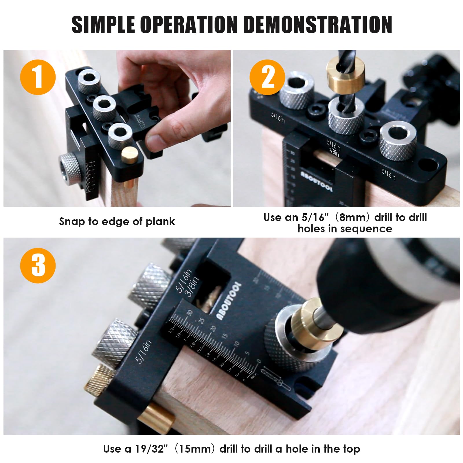 Self Centering Doweling Jig Kit - Dowel Jig Kit for Straight Holes, Adjustable Width Woodworking Joints Tool Drill Guides Locator, 3 Size Drill Bit (8, 10, 15 mm) (5/16", 3/8", 19/32"), Organizer Bag