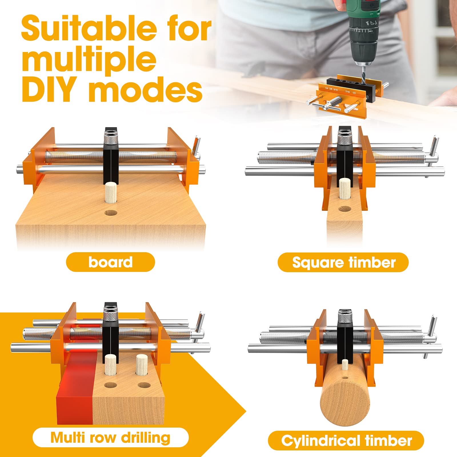 BLEKOO Upgraded 6.7 inch Self Centering Doweling Jig Kit, Drill Jig For Straight Holes Biscuit Joiner Set With 6 Drill Guide Bushings, Adjustable Width Drilling Guide Power Tool Accessory Jig (Orange)