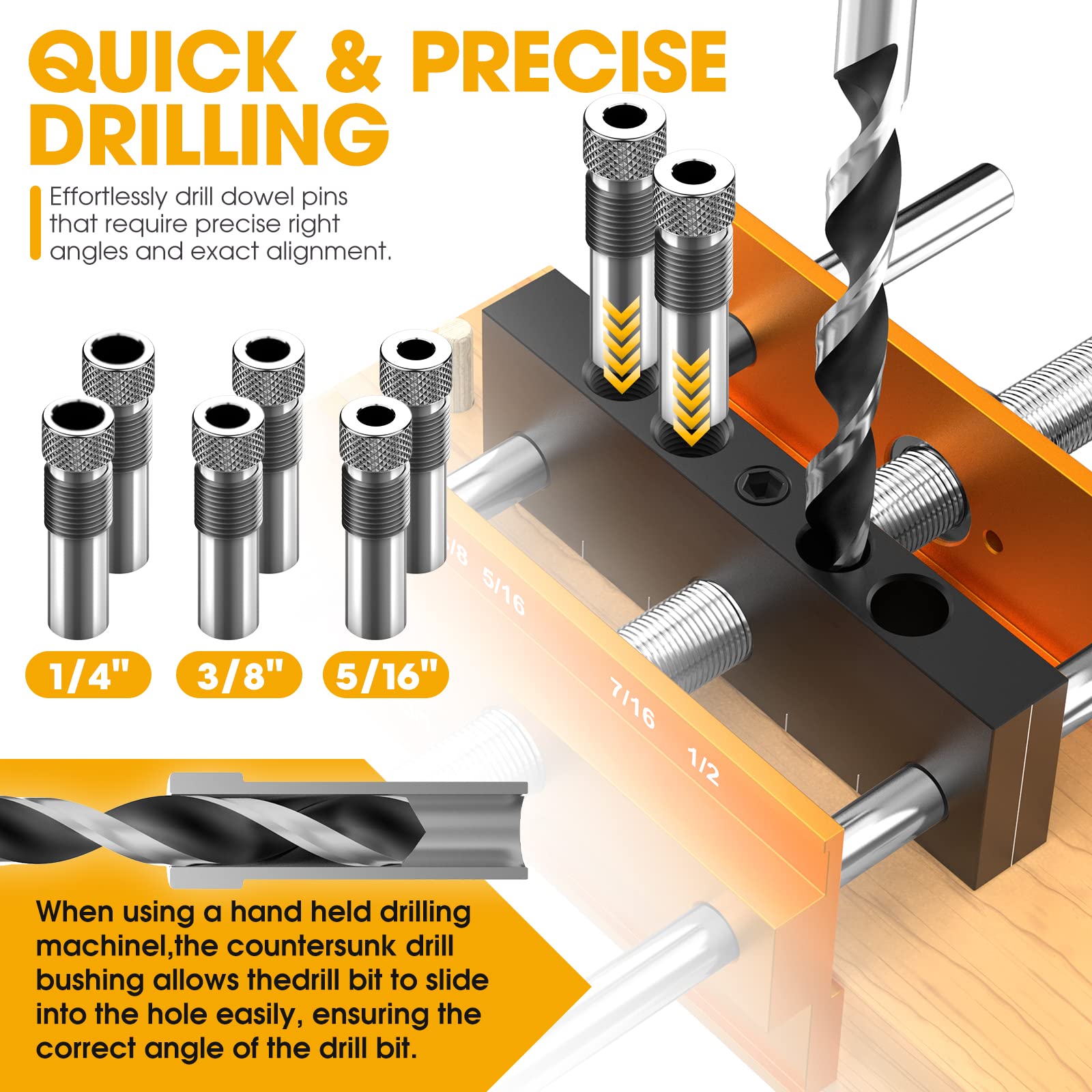 BLEKOO Upgraded 6.7 inch Self Centering Doweling Jig Kit, Drill Jig For Straight Holes Biscuit Joiner Set With 6 Drill Guide Bushings, Adjustable Width Drilling Guide Power Tool Accessory Jig (Orange)