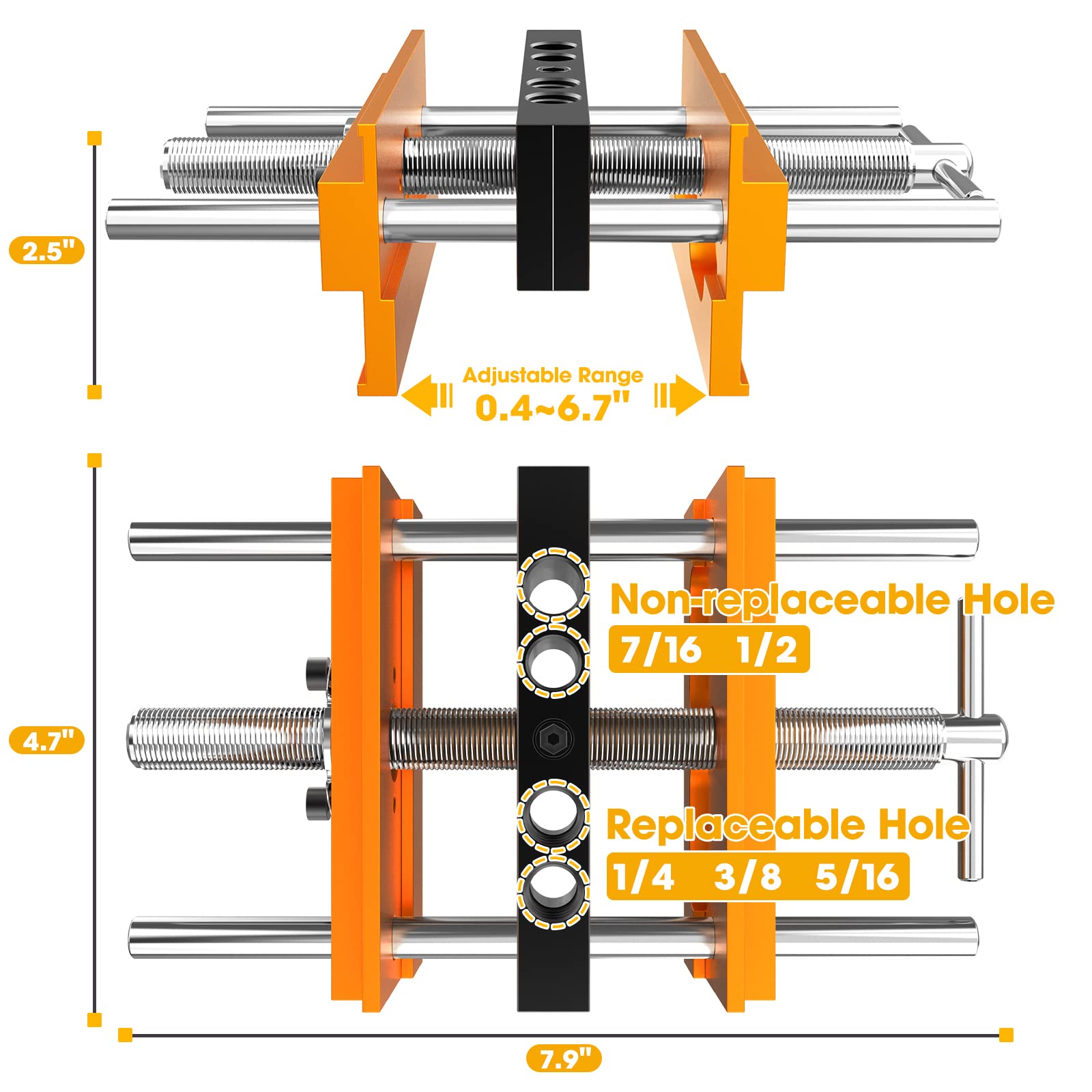 BLEKOO Upgraded 6.7 inch Self Centering Doweling Jig Kit, Drill Jig For Straight Holes Biscuit Joiner Set With 6 Drill Guide Bushings, Adjustable Width Drilling Guide Power Tool Accessory Jig (Orange)