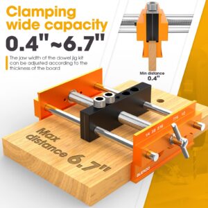 BLEKOO Upgraded 6.7 inch Self Centering Doweling Jig Kit, Drill Jig For Straight Holes Biscuit Joiner Set With 6 Drill Guide Bushings, Adjustable Width Drilling Guide Power Tool Accessory Jig (Orange)