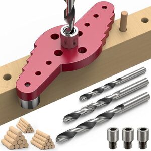 preciva self centering dowel jig kit, drill guide for straight holes woodworking tools with drill bit set 1/4", 5/16", 3/8" and drill bit stop collar set, drill jig for hand tools