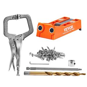 vevor pocket hole jig, 56 pcs mini jig pocket hole system with 9" c-clamp, step drill, wrench, drill stop ring, square drive bit, and screws, for diy carpentry projects