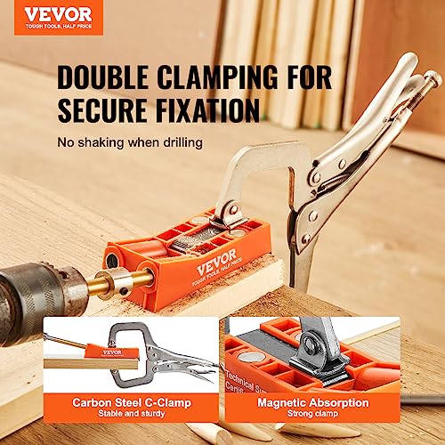 VEVOR Pocket Hole Jig, 56 Pcs Mini Jig Pocket Hole System with 9" C-clamp, Step Drill, Wrench, Drill Stop Ring, Square Drive Bit, and Screws, for DIY Carpentry Projects