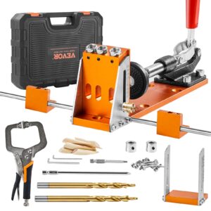 vevor pocket hole jig kit, 34 pcs pocket hole jig system with 11" c-clamp, fixture, step drills, wrenches, drill stop rings, square drive bits, toolbox, for diy carpentry projects, adjustable