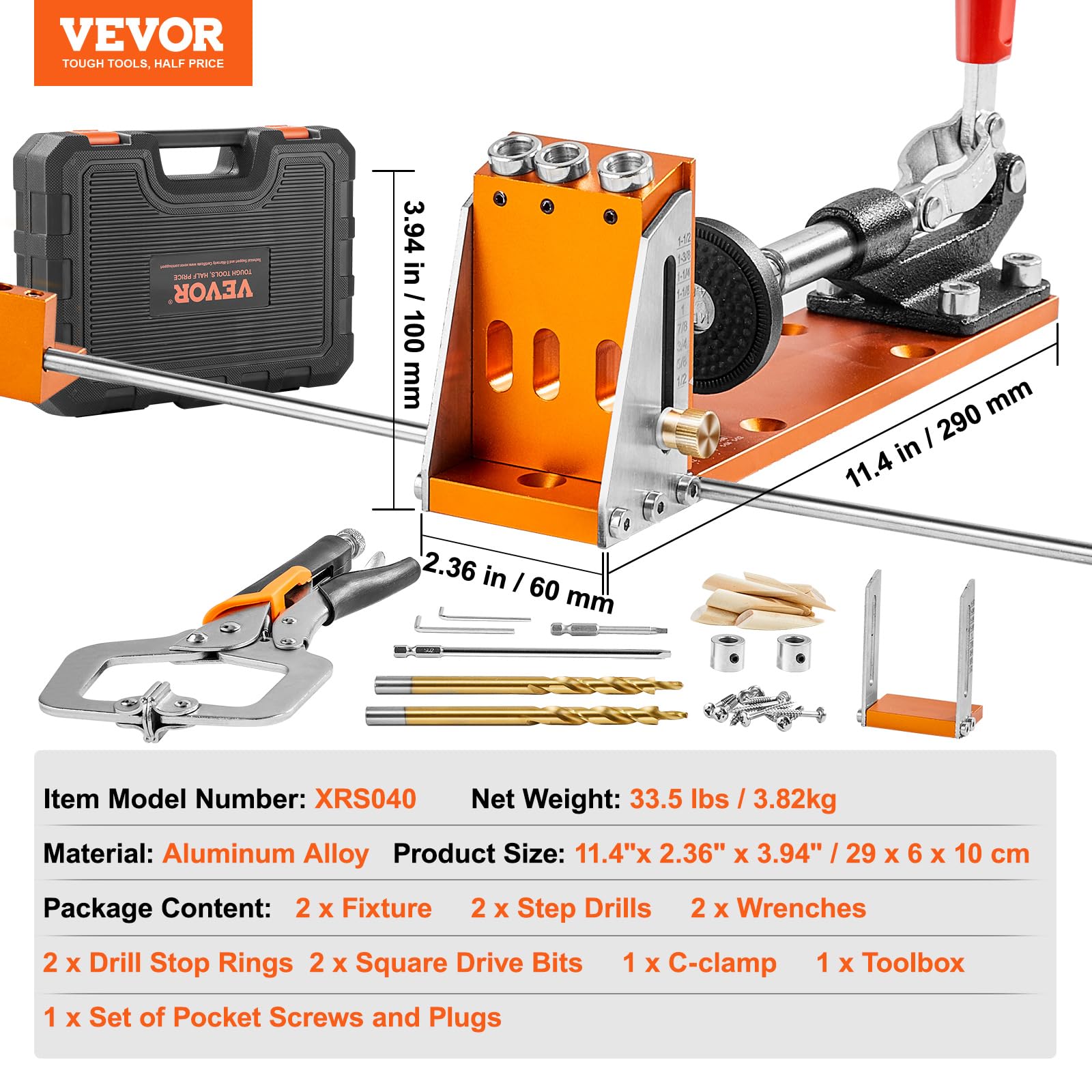 VEVOR Pocket Hole Jig Kit, 34 Pcs Pocket Hole Jig System with 11" C-clamp, Fixture, Step Drills, Wrenches, Drill Stop Rings, Square Drive Bits, Toolbox, for DIY Carpentry Projects, Adjustable