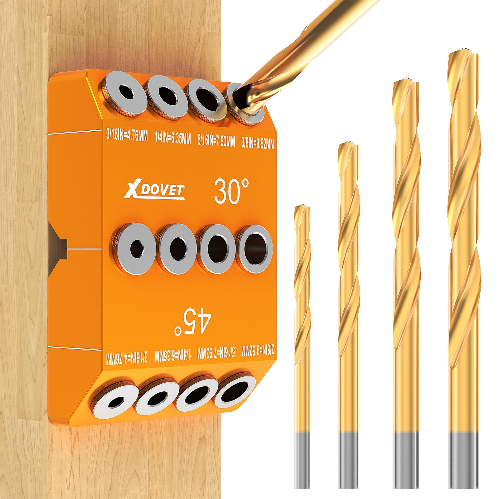 XDOVET 30 45 90 Degree Angle 4 Sizes Drill Jig with 4 Drill Bits for Angled Holes/Straight Holes Durable Aluminum Alloy Drill Guide for Cable Railing Lag Screw Wood Post