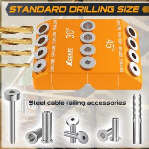 XDOVET 30 45 90 Degree Angle 4 Sizes Drill Jig with 4 Drill Bits for Angled Holes/Straight Holes Durable Aluminum Alloy Drill Guide for Cable Railing Lag Screw Wood Post