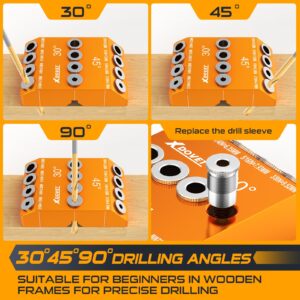 XDOVET 30 45 90 Degree Angle 4 Sizes Drill Jig with 4 Drill Bits for Angled Holes/Straight Holes Durable Aluminum Alloy Drill Guide for Cable Railing Lag Screw Wood Post