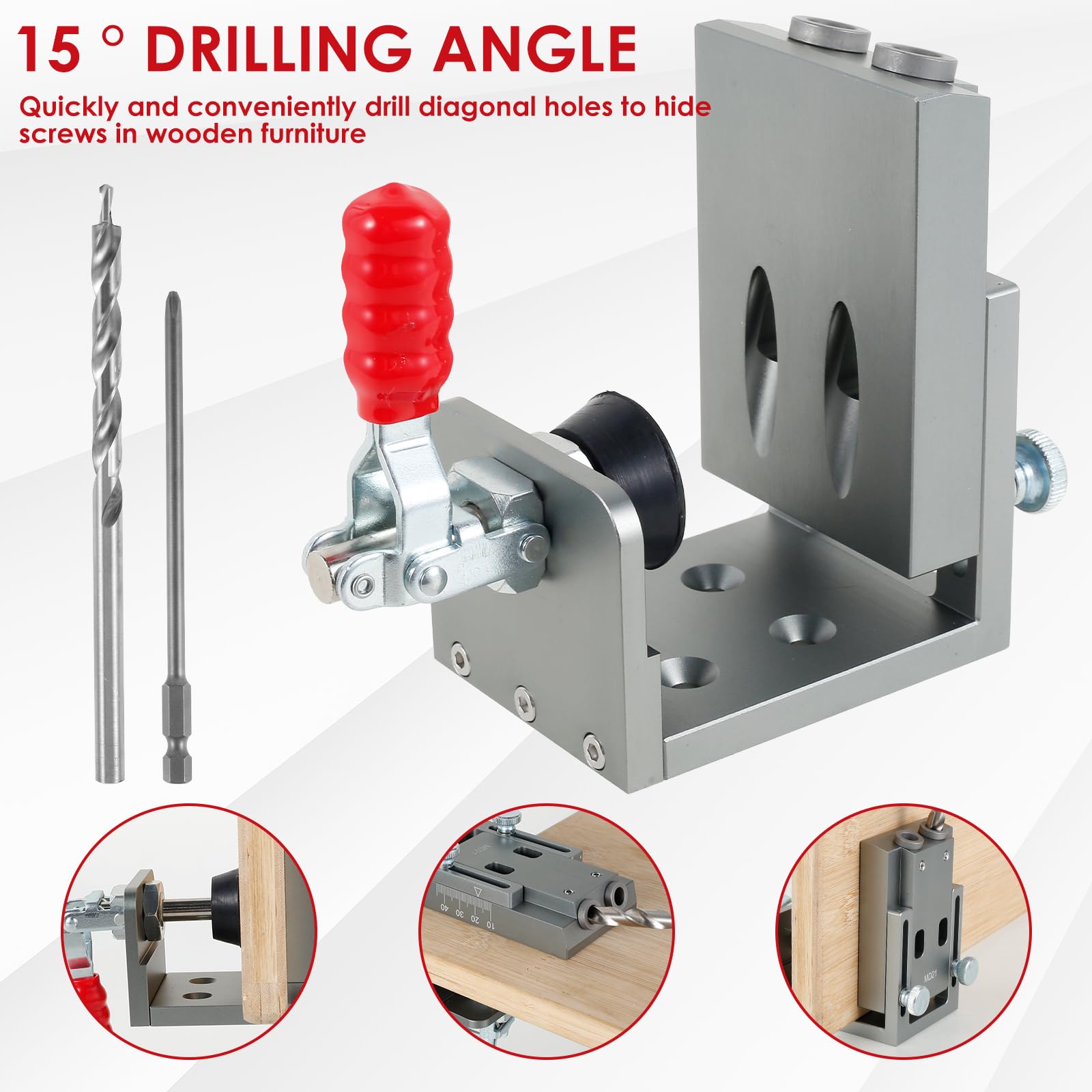 Txkrhwa Pocket Hole Jig Kit Aluminium Alloy 15 Degree Angle Oblique Hole Puncher Locator High Precision Adjustable Woodworking Drill Guide for DIY Carpentry Projects