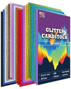 glitter cardstock 100 sheets, a4 cardstock paper - 20 assorted colors, 250 gsm card stock glitter paper sparkly paper for diy crafts, scrapbooking, card making