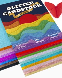 glitter cardstock 42 sheets, 8.5” x 11” cardstock paper - 20 assorted colors, 250 gsm card stock glitter paper sparkly paper for diy crafts, scrapbooking, card making