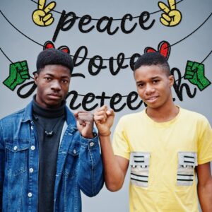 Peace Love Juneteenth Banner - Juneteenth and Pride Decorations in Red Gold Black Glitter Cardstock - Handmade Pre-Strung