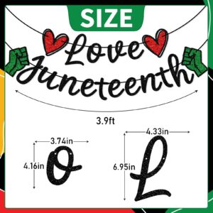 Peace Love Juneteenth Banner - Juneteenth and Pride Decorations in Red Gold Black Glitter Cardstock - Handmade Pre-Strung