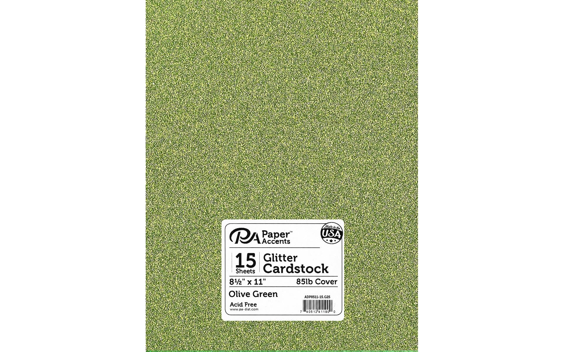 PA Paper Accents Glitter Cardstock 8.5" x 11" Olive Green, 85lb colored cardstock paper for card making, scrapbooking, printing, quilling and crafts, 15 piece pack