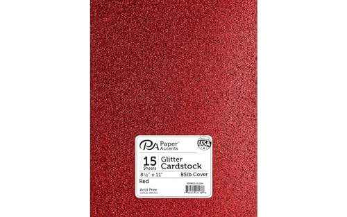 PA Paper Accents Glitter Cardstock 8.5" x 11" Red, 85lb colored cardstock paper for card making, scrapbooking, printing, quilling and crafts, 15 piece pack