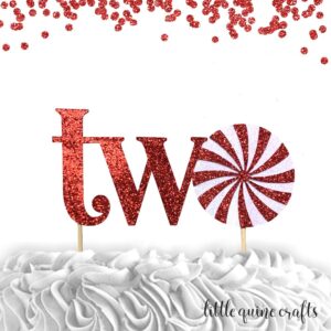 1 pc two peppermint red glitter cake topper for cake smash second birthday winter wonderland candy land theme