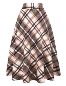 idealsanxun womens high elastic waist maxi skirt a-line plaid winter warm flare long skirt (small, long pink 719)