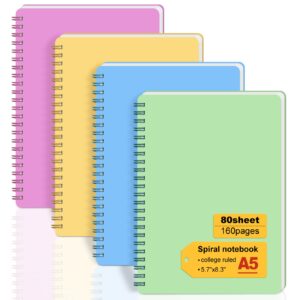 yeebay spiral notebook, 5.7" x 8.3" college ruled notebook with 4 colors spiral journals, 80 sheets/160 pages per journal with twin-wire binding, thick plastic hardcover and 8mm ruled lined