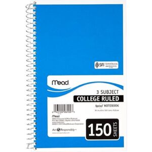 Mead Spiral Bound Notebook White, 3 Subject, College Rule, 6 x 9-1/2, Sold as 6 Pack (06900)